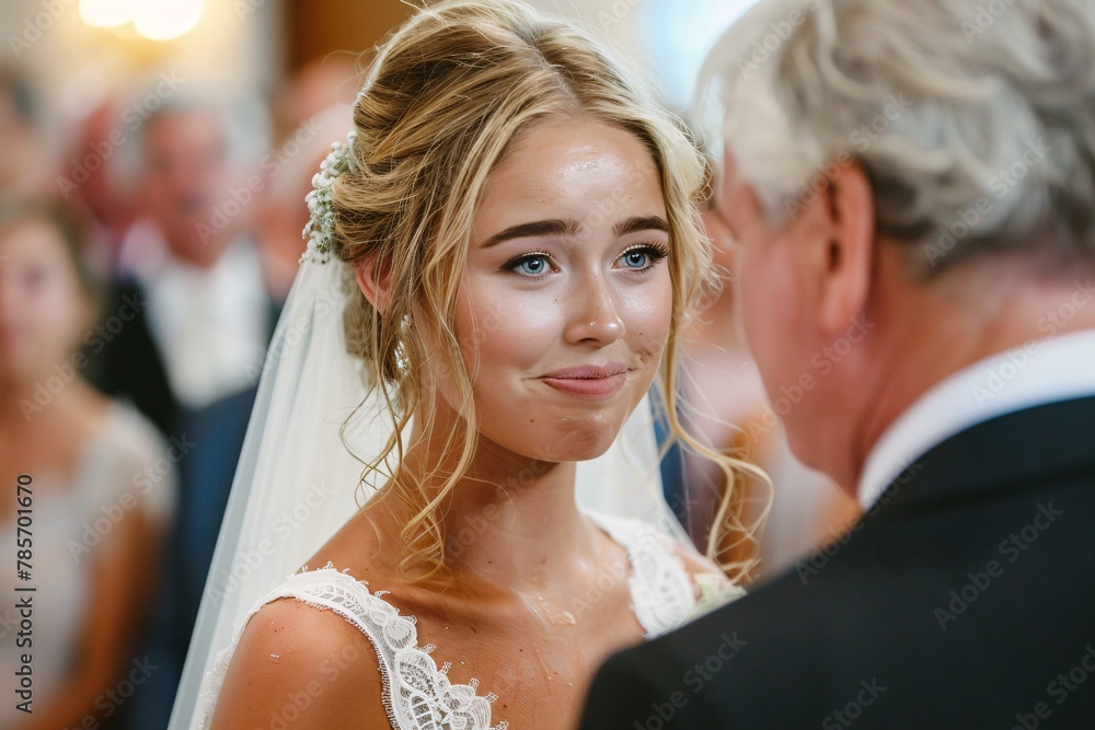 Intimate view of a young blonde bride's blue eyes welling up with tears ...