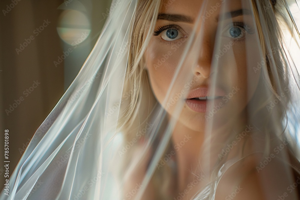Intimate view of a blue-eyed blonde bride admiring her reflection in ...