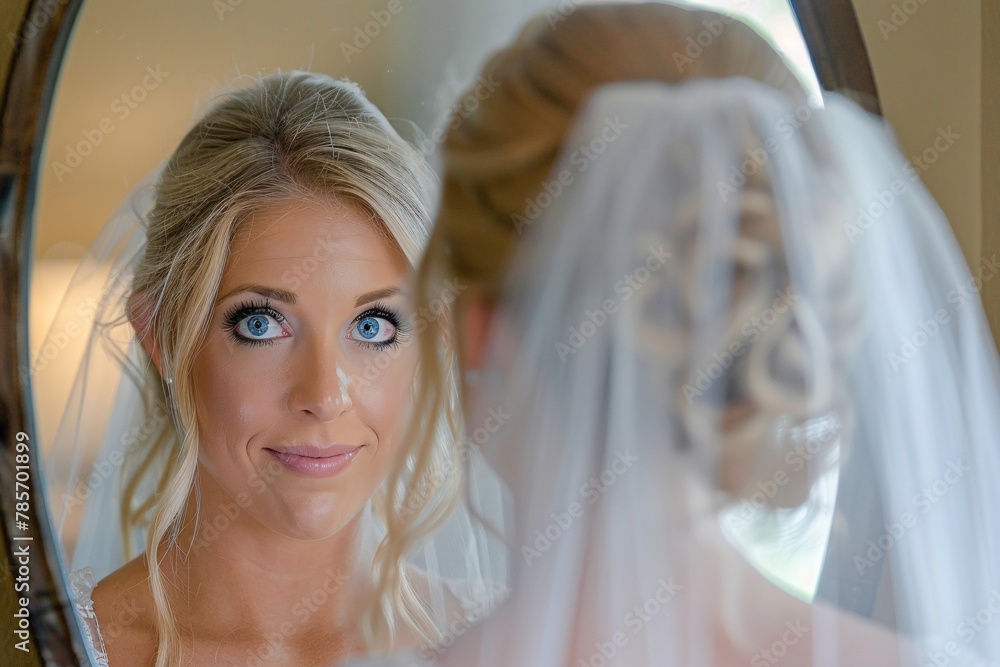 Intimate view of a blue-eyed blonde bride admiring her reflection in ...