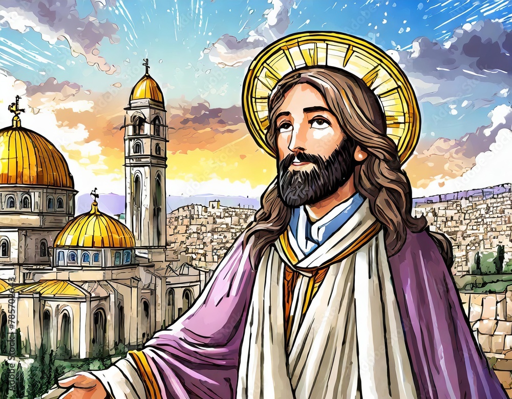 Jesus Christ in front of Jerusalem, halo, Son of God, city, biblical ...