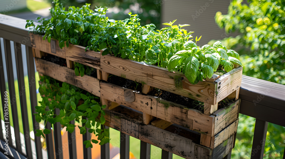 A repurposed wooden pallet serving as a multi-tier herb garden on a ...
