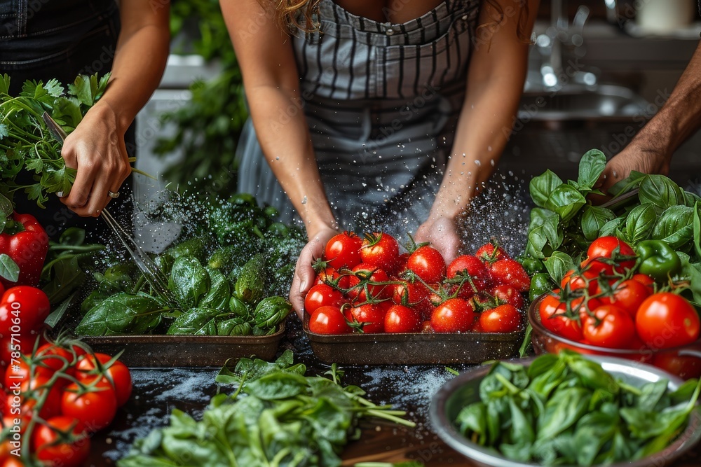 In this vibrant image, two people are washing an array of fresh ...