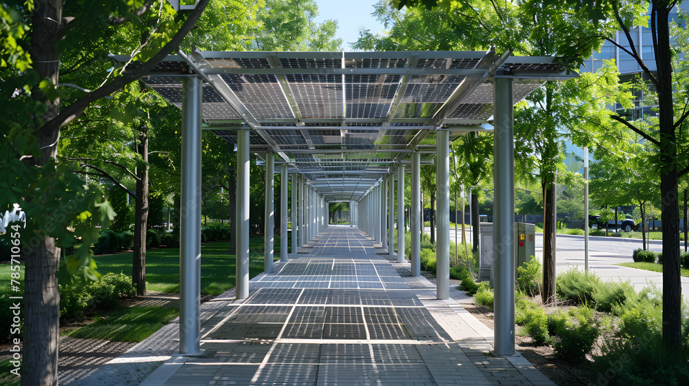 A solar canopy walkway providing shade and generating clean energy for ...