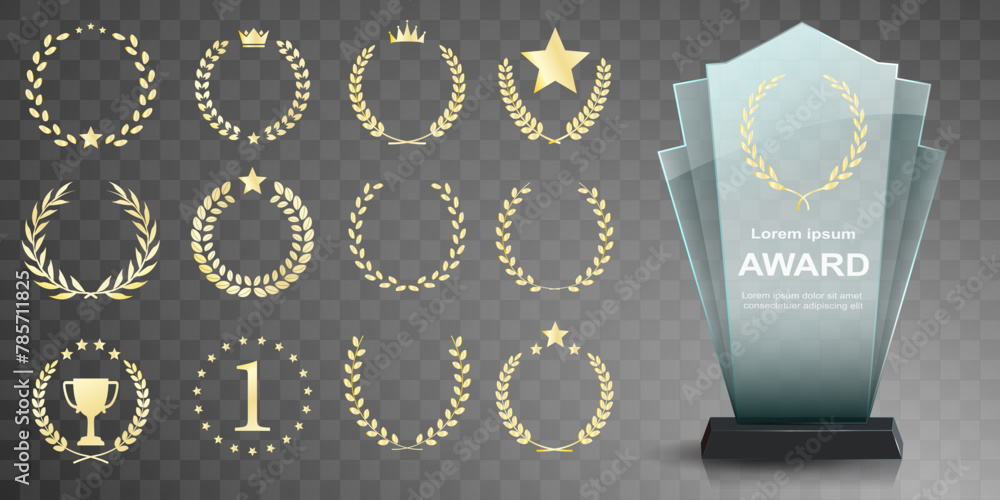 Glass award trophy set. Transparent prize template. Winner first place ...