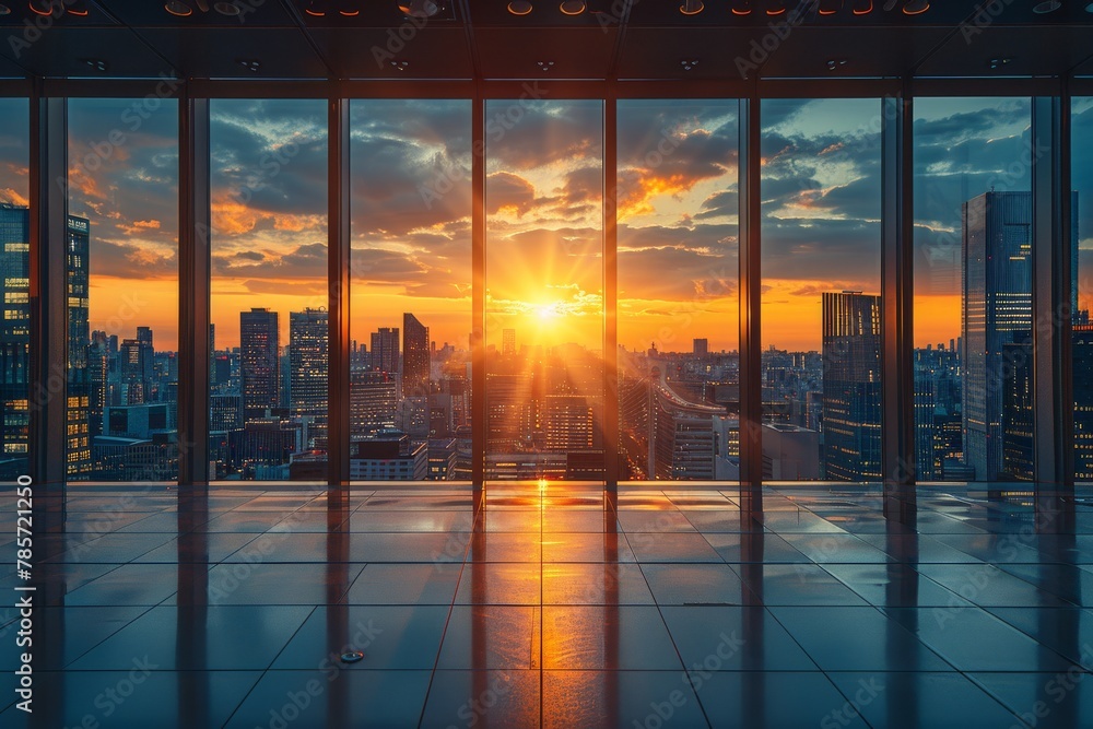 Stunning view of a city skyline bathed in the colors of sunset, seen ...