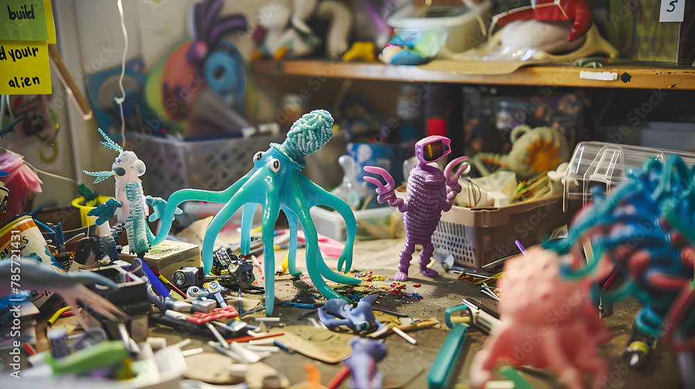 Kids participating in a build your own alien workshop using various ...