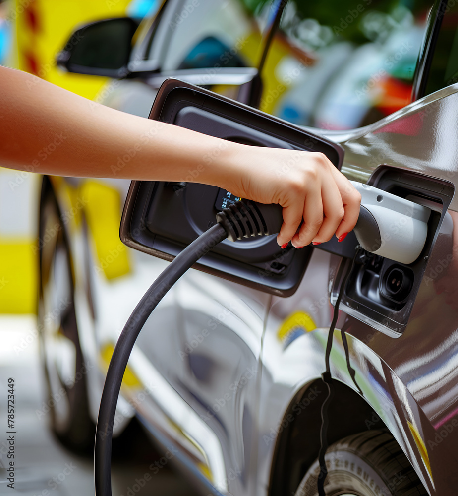 Woman's hand connecting charger to electric vehicle, close up. Hand ...
