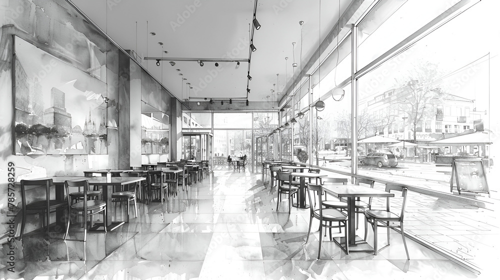 An architectural drawing of a city building, A drawing of a bar with a ...
