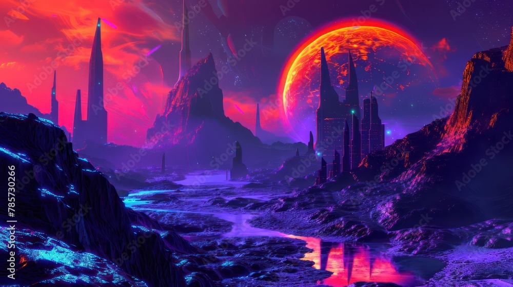 Stunning digital art piece depicting a neon-lit extraterrestrial ...