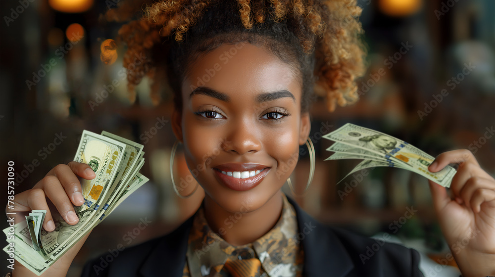 Beautiful Young black business woman similing holding showing 100 US ...