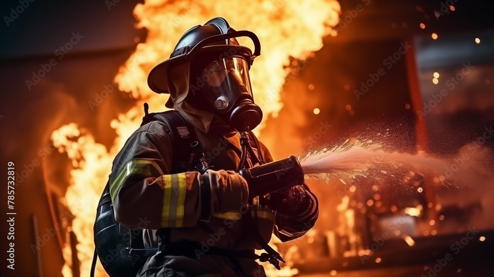 firefighter training., fireman using water and extinguisher to fighting ...
