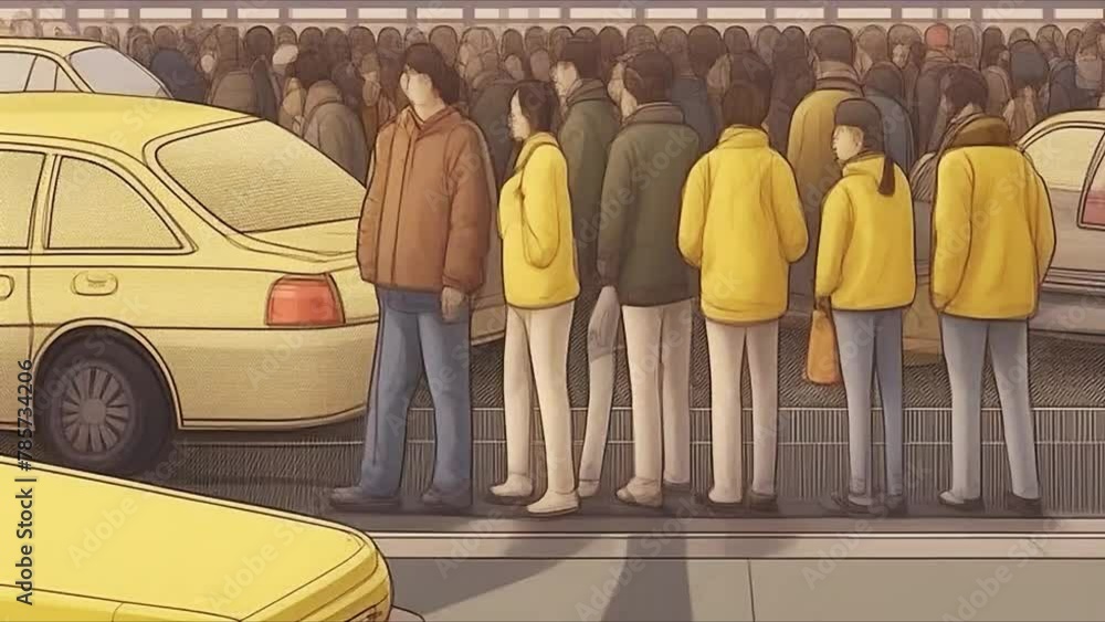 Сity taxi. Yellow cab at the airport crowd of people queuing for the ...