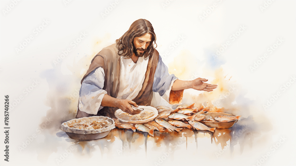 Jesus feeding the 5,000 with five loaves and two fishes. , watercolor ...