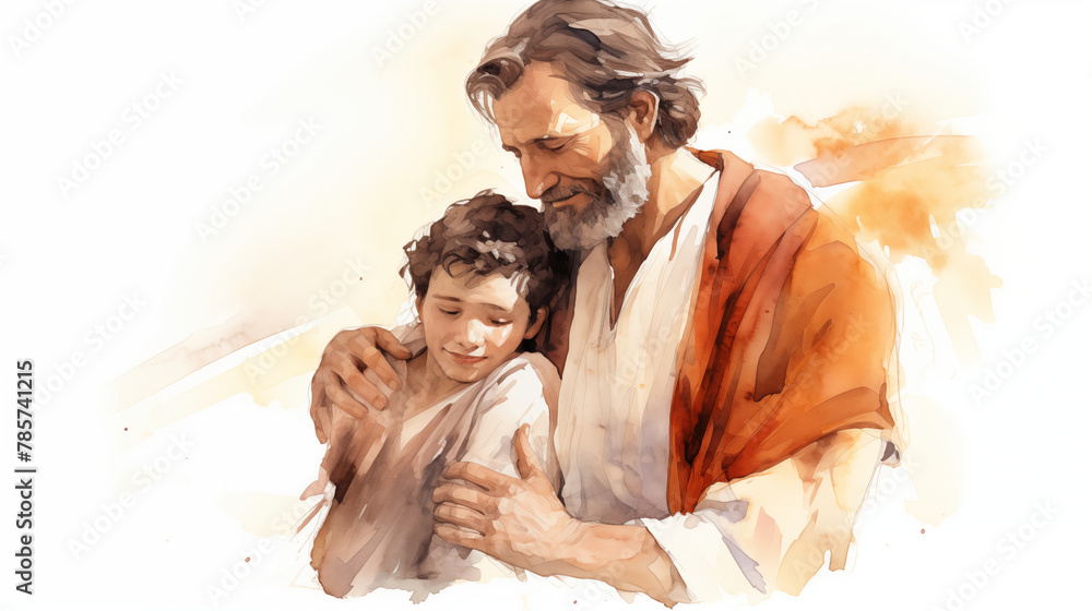 The parable of the Prodigal Son with the father embracing his returning ...