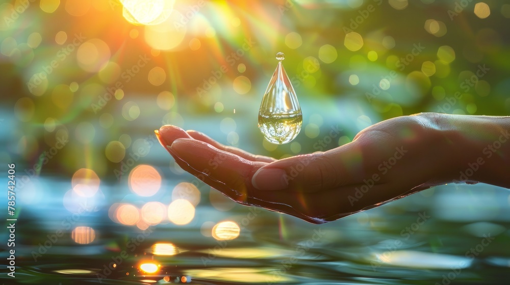 Water drop in hand against natural background in Save water concept on ...