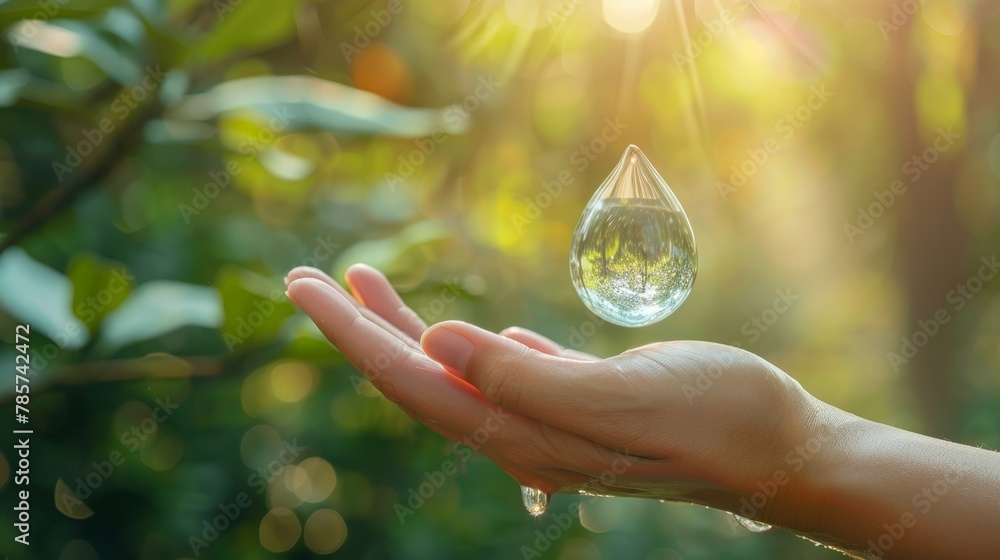 Water drop in hand against natural background in Save water concept on ...