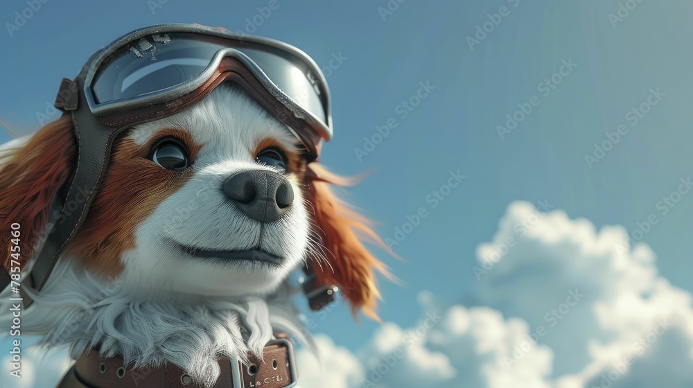Adventurous cartoon dog wearing a pilot cap, sky blue background for ...