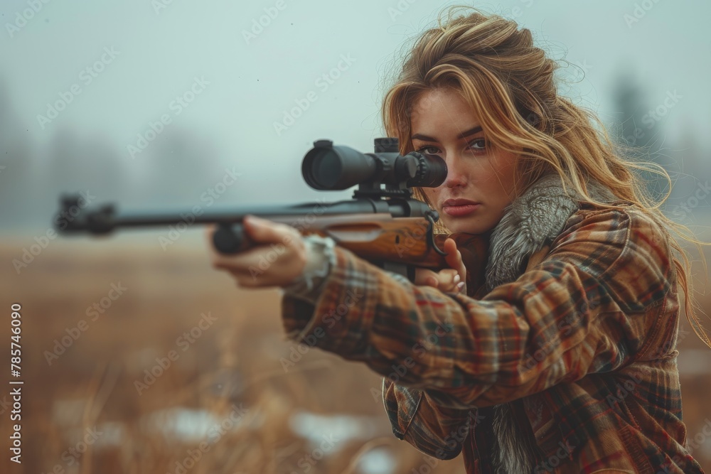 A young woman aiming down sights of a classic rifle in a fall ...