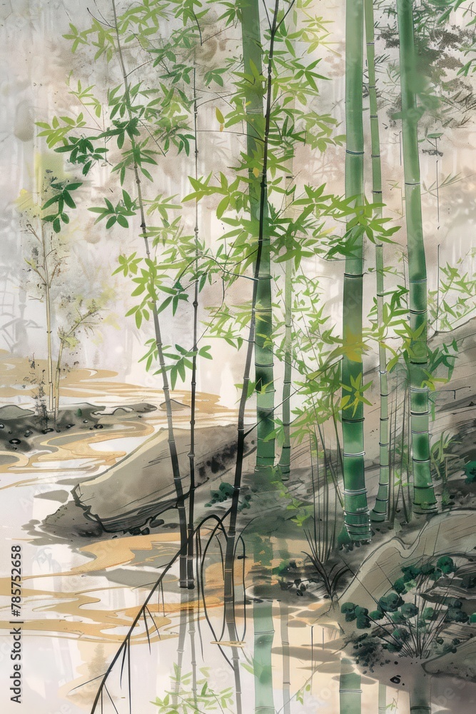 Watercolor painting of bamboo trees with calm colors, featuring ...