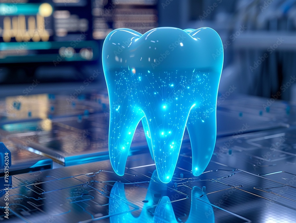 3D render Microscopic view of a tooth Healthy enamel blue glow ...