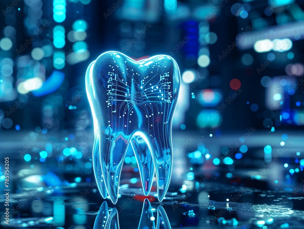 3D render Microscopic view of a tooth Healthy enamel blue glow ...