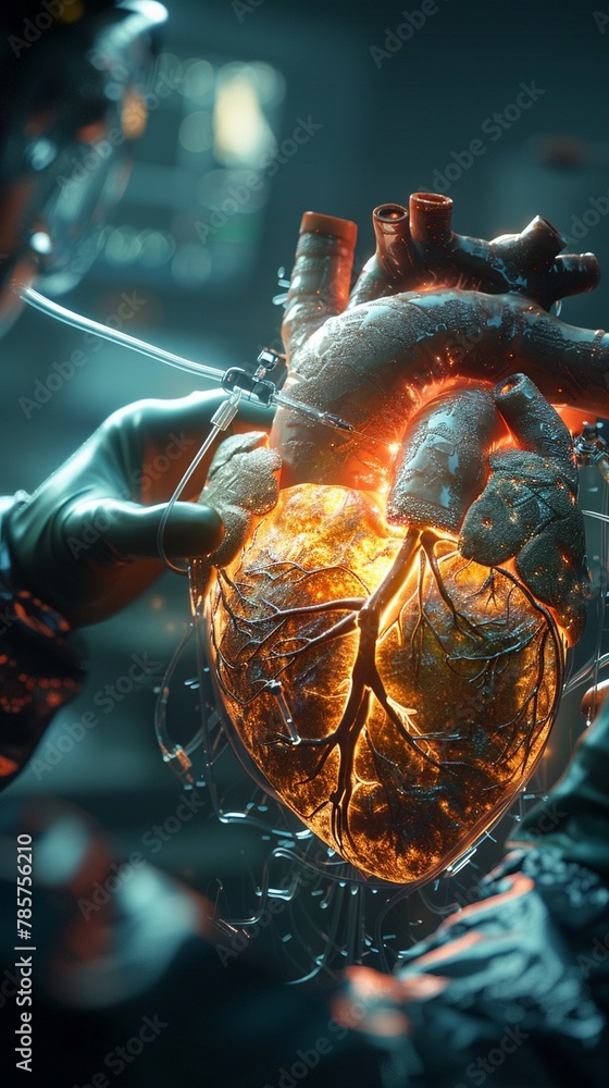 3D render Surgical theater, surgeons view holographic heart Microbots ...