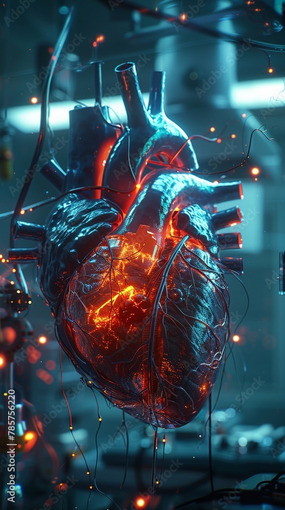 3D render Surgical theater, surgeons view holographic heart Microbots ...