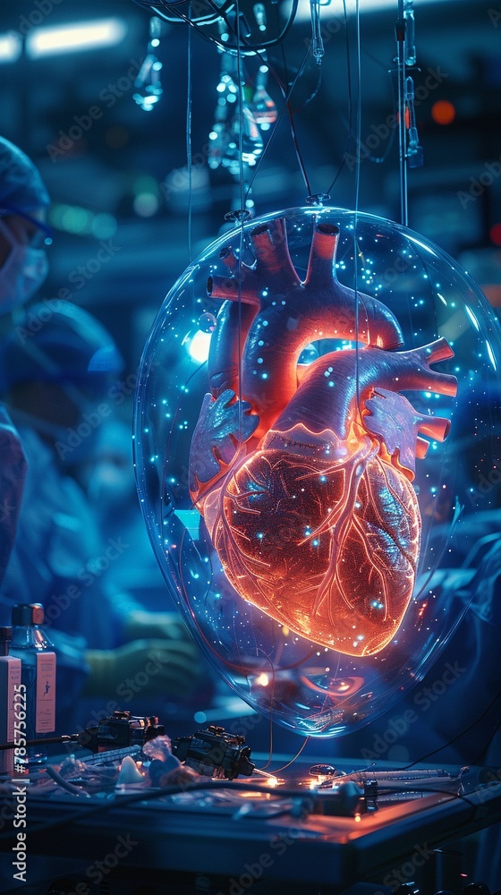 3D render Surgical theater, surgeons view holographic heart Microbots ...