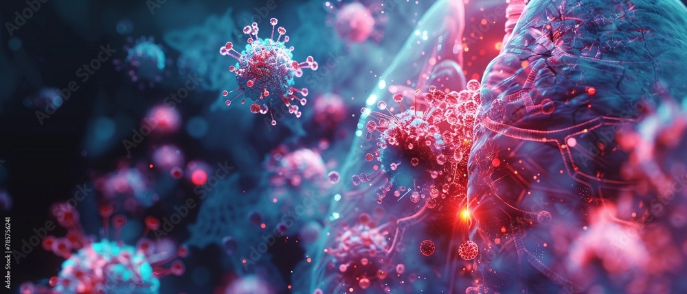 Closeup Futuristic medical scanner, lung with cancer Microscopic ...