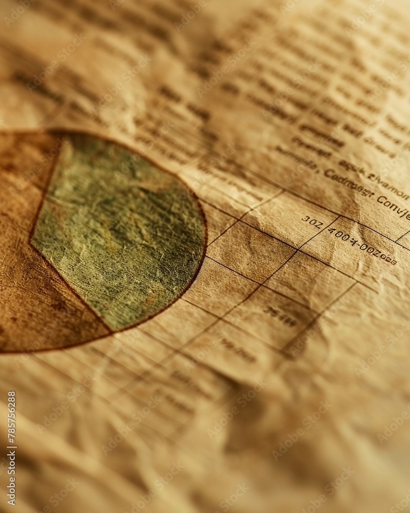 Closeup Sustainability report on paper Company name, pie charts compare ...