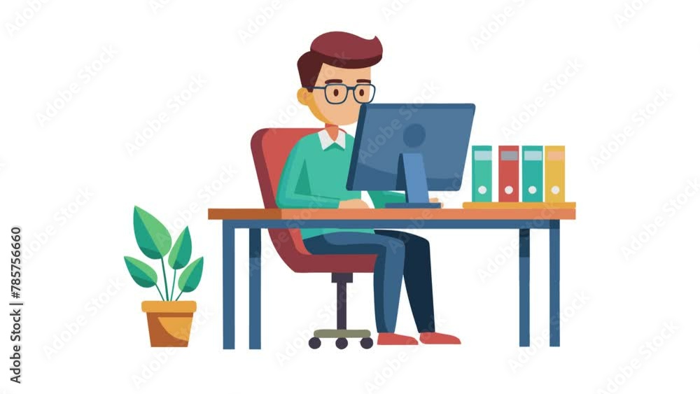 Animated A boy doing Office Work. Computer in office room. Full body ...