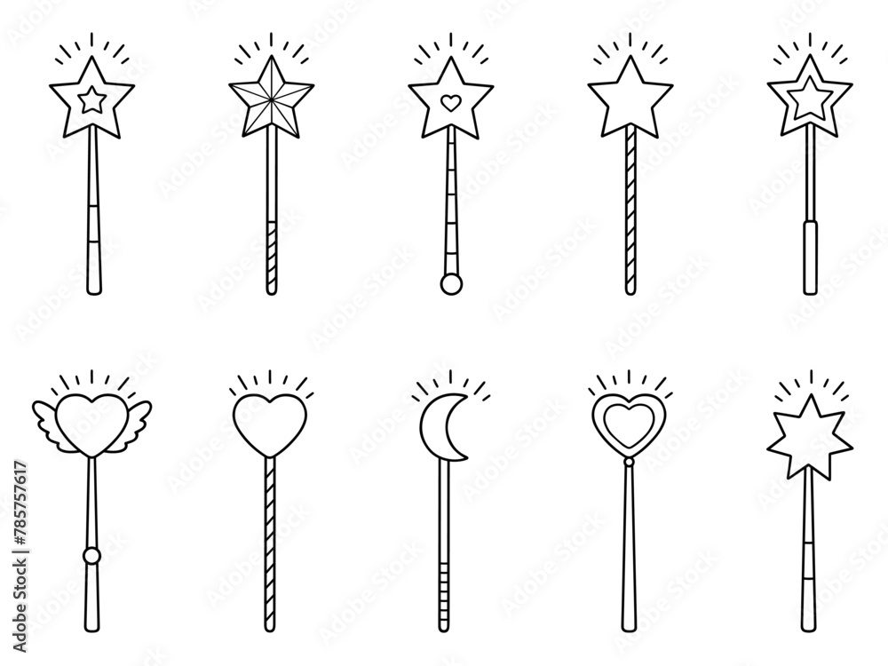 Magic wands doodle set. Fairytale element in sketch style. Hand drawn ...