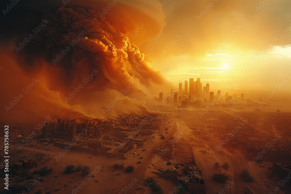 The confrontation of a dust storm and an urban skyline, showing the ...