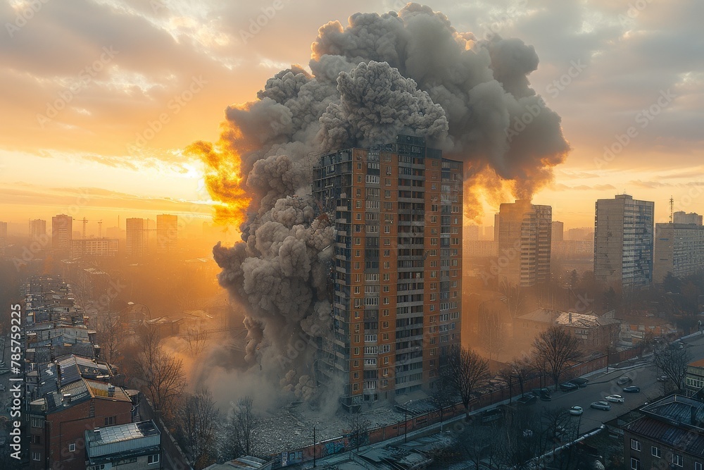 The sun sets in a stunning orange hue behind the silhouette of a high ...