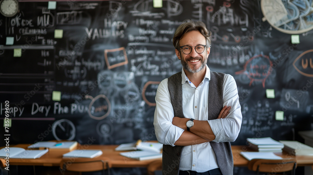 Confident male teacher or professor standing in front of green chalk ...