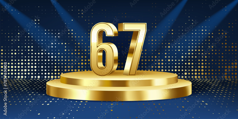 67th Year anniversary celebration background. Golden 3D numbers on a ...