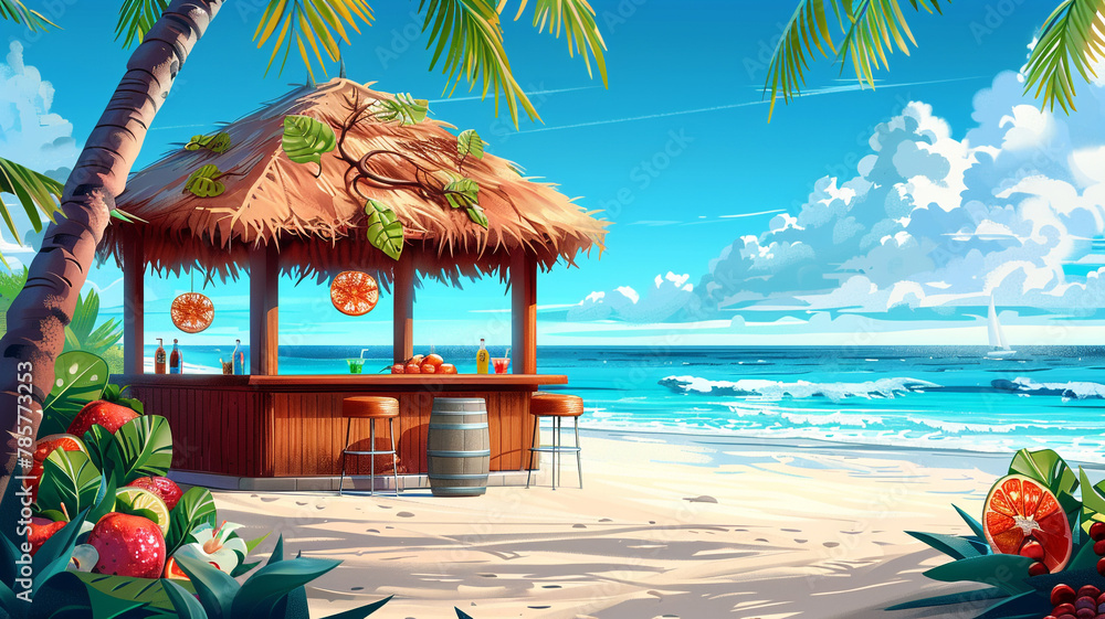 A modern cartoon illustration of a seaside cafe with cocktails and ...