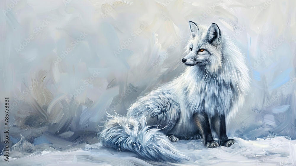 Majestic silver fox, oil painting style, noble pose, winter backdrop ...