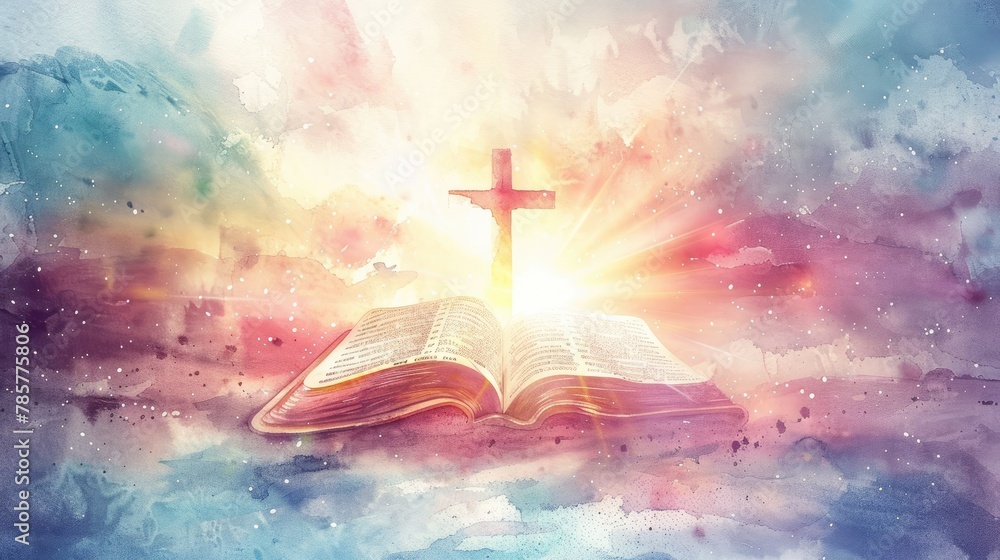 Cross and open Bible radiating light in a celestial watercolor ...