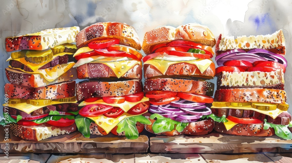 Various sandwiches with different types of cheese and vegetables, soft ...