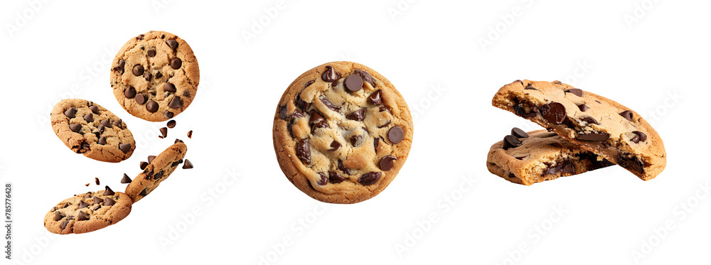 Chocolate Chip Cookie Set Falling: Top and Side View, Isolated on ...