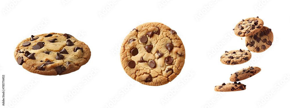 Chocolate Chip Cookie Set: Top, Side View and Falling, Isolated on ...