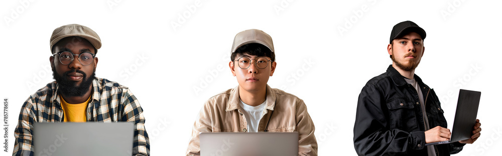 Selection of men working on computers in half-body portraits, Isolated ...