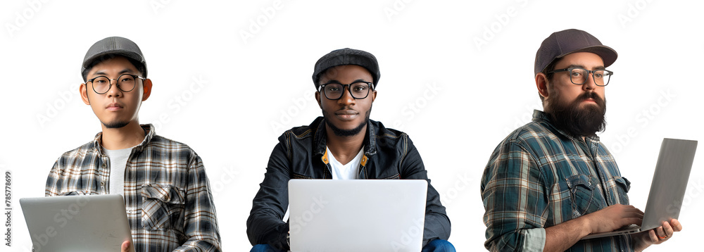 Array of men programming with laptops in half-body portraits, Isolated ...