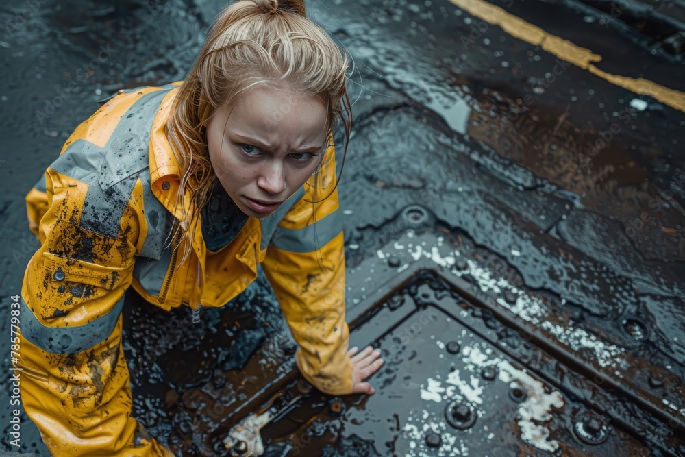 Girl peeks out of a sewer manhole. A portrait photo of a girl in work ...