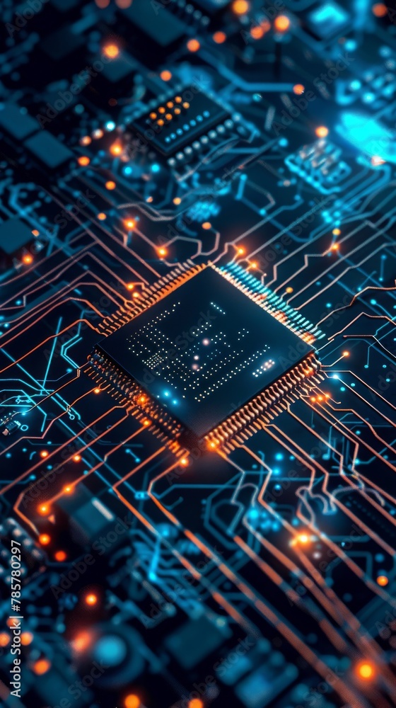 Abstract technology background of a computer system with processor and electronic circuit ...