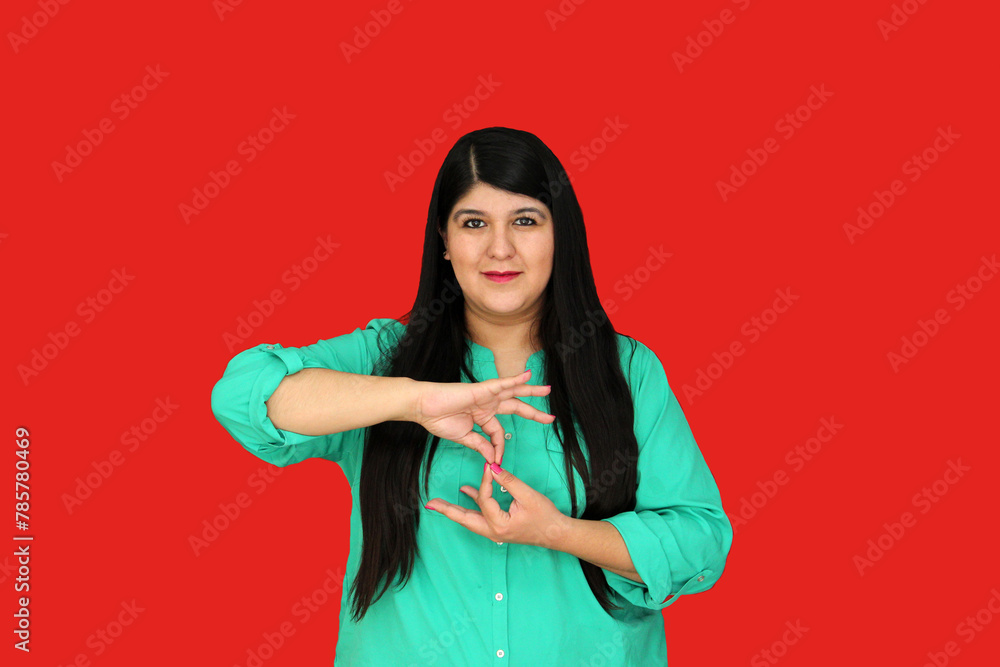 30-year-old Latina adult woman shows Mexican sign language used by deaf ...