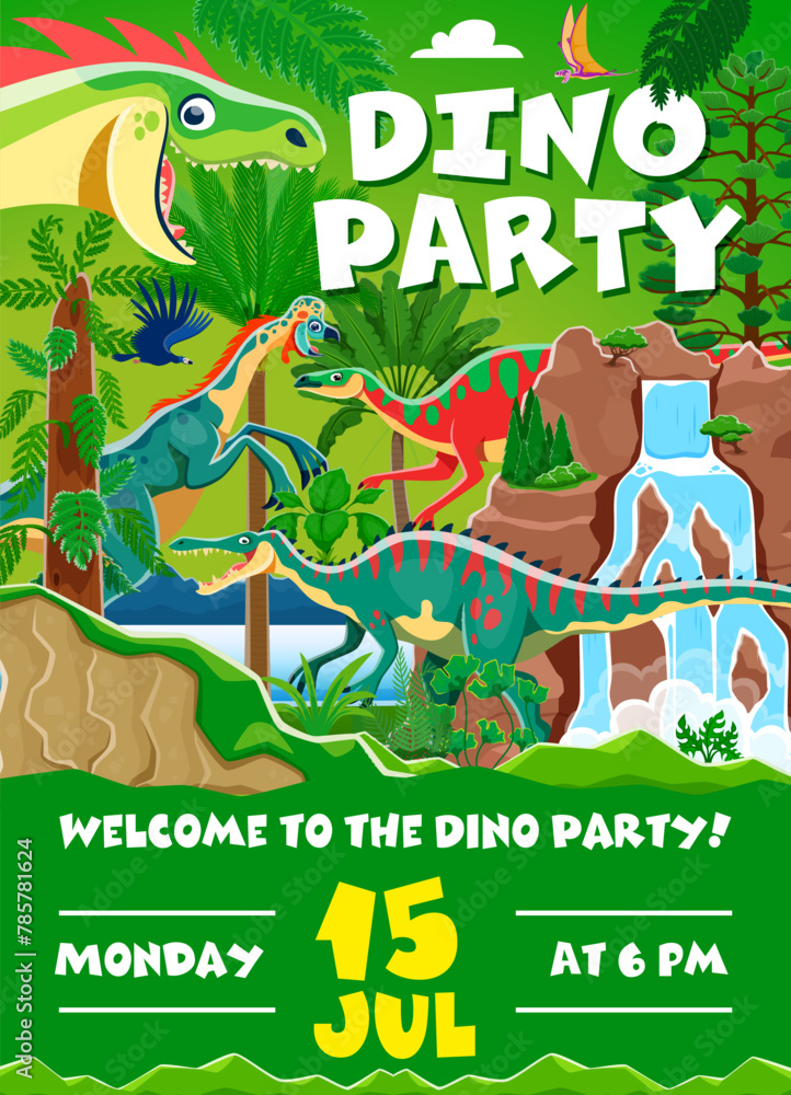 Dino party flyer with funny dinosaur characters, Vector invitation ...