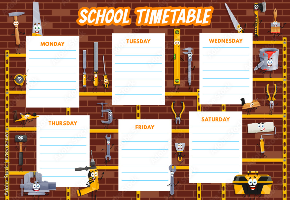 Education timetable schedule with cartoon DIY and repair tools ...