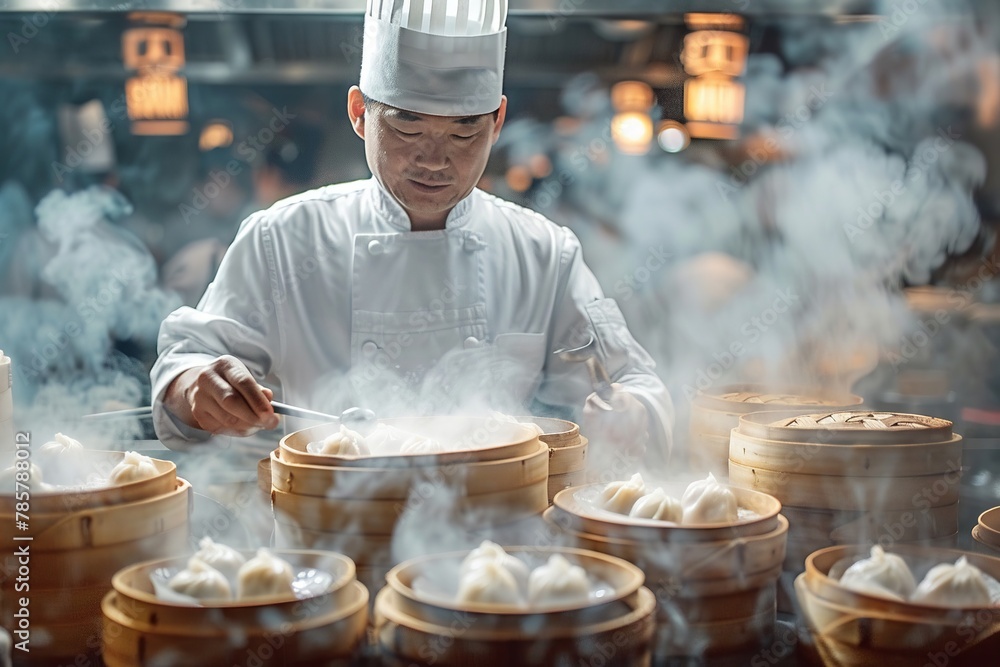 Timelapse video of a chef making dim sum with steam clouds rapidly ...